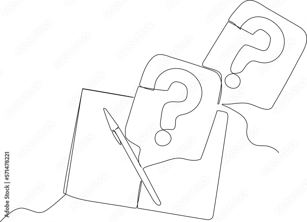 Continuous one line drawing book, pencil and question mark. Frequently ...