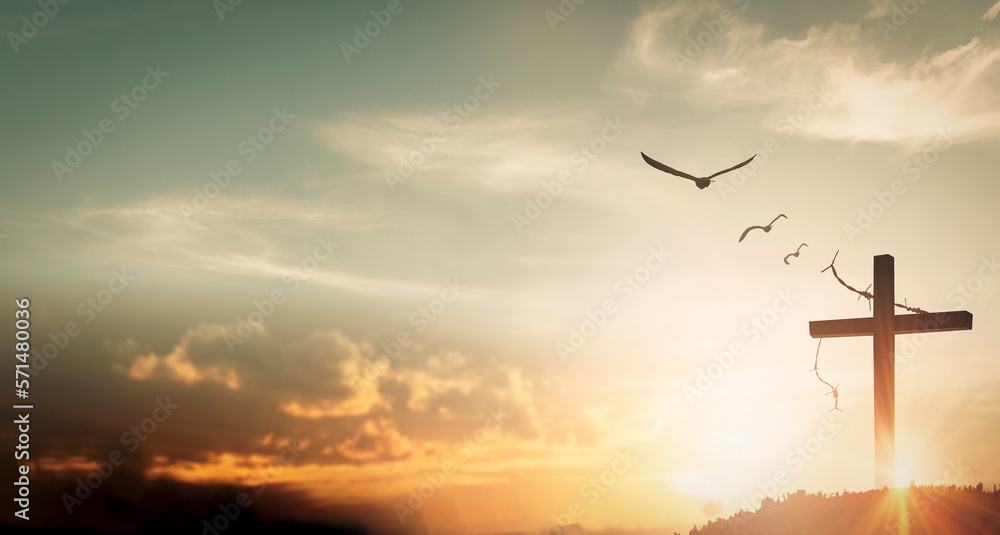 Cross of jesus christ break barrier wire on calvary sunset background ...