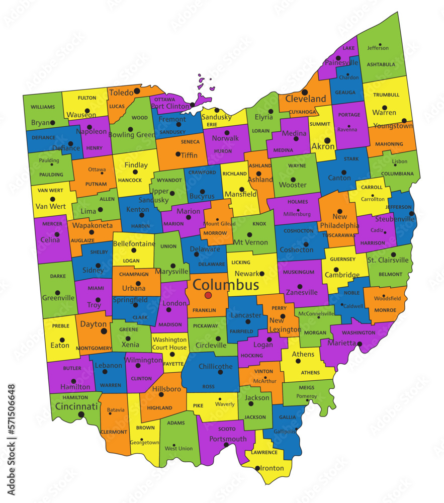 Colorful Ohio political map with clearly labeled, separated layers ...