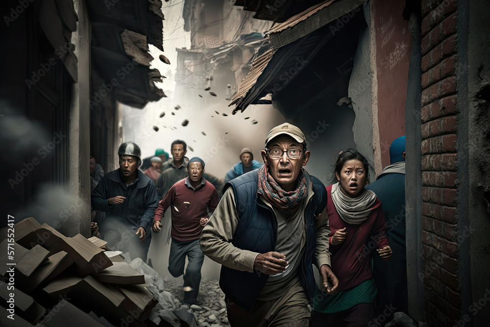 AI generated a frightened crowd of people run from an earthquake or ...