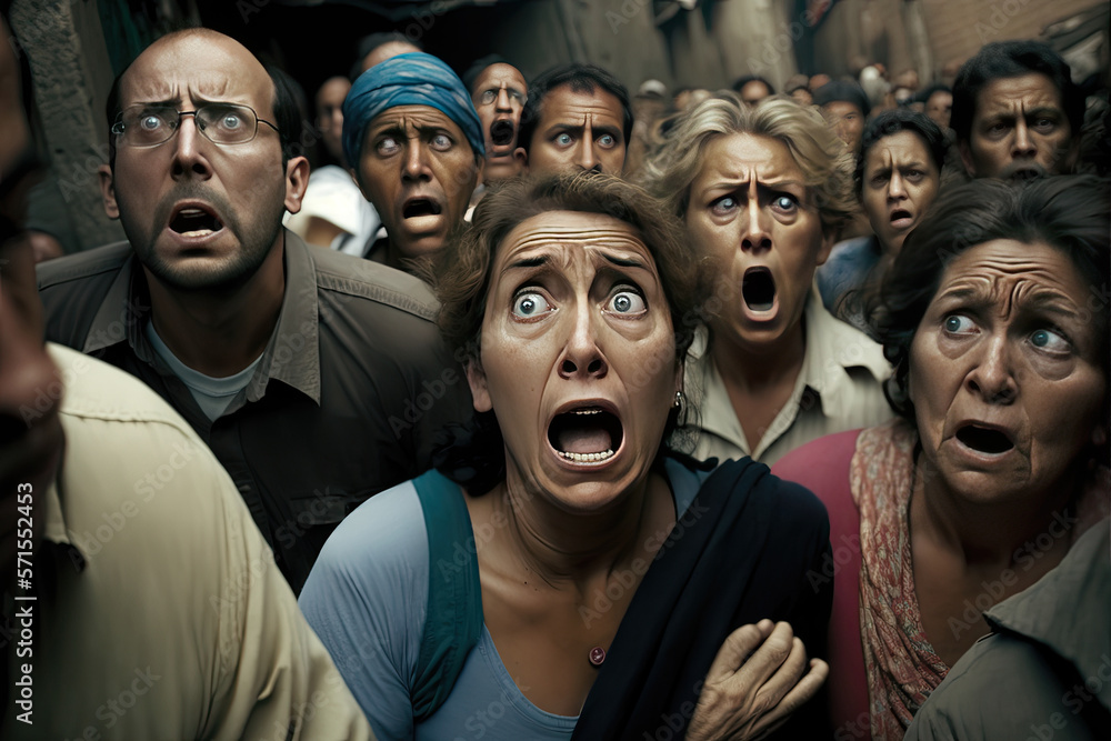 AI generated a frightened crowd of people run from an earthquake or ...