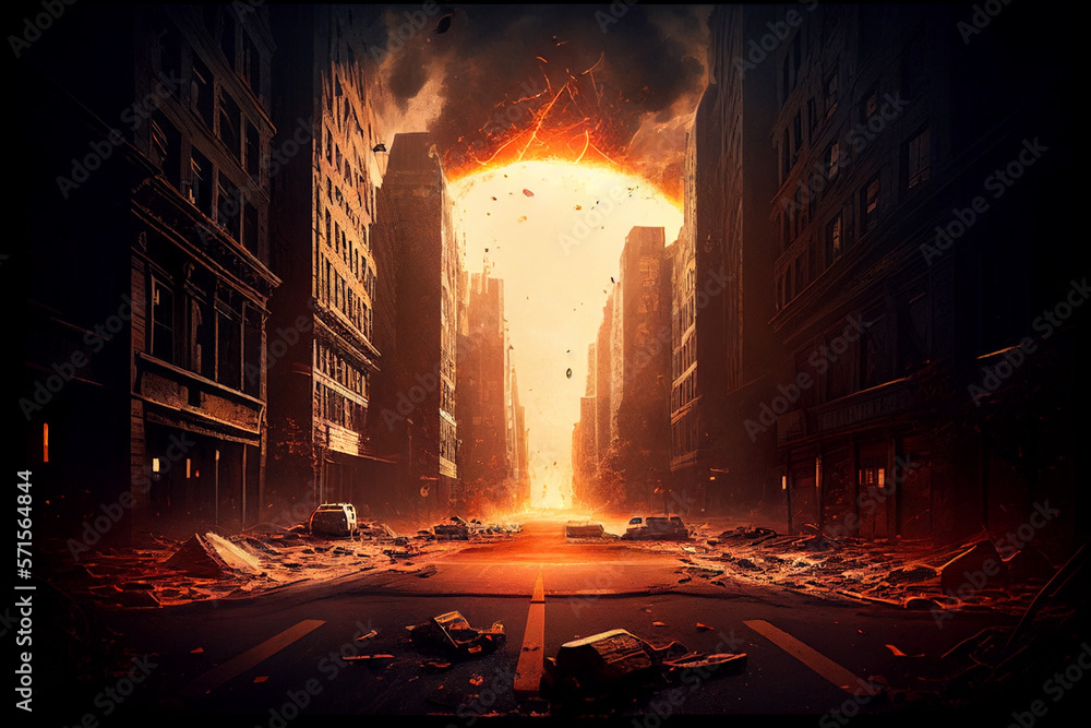 Burned out city street, Apocalyptic perspective of the city center as a ...