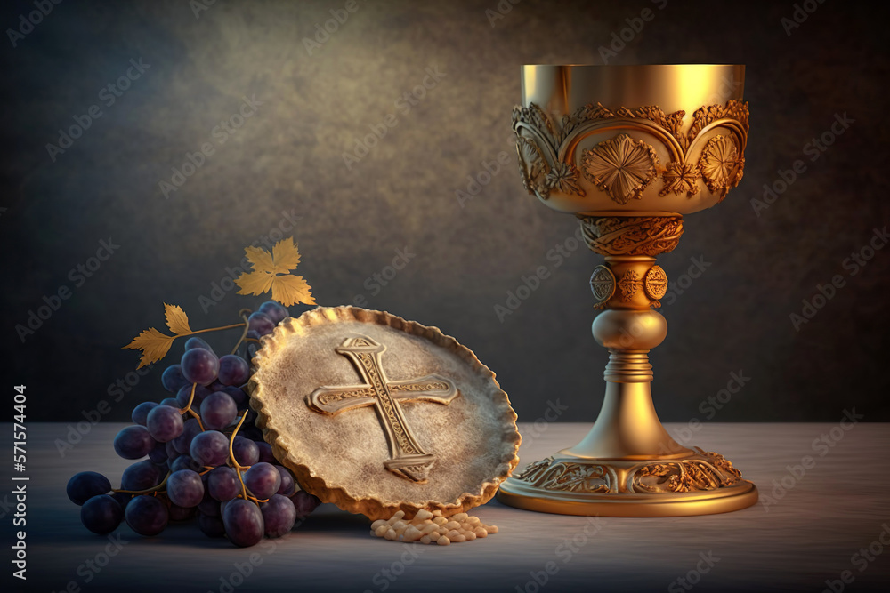 Holy communion picture showing a golden chalice with grapes and bread ...