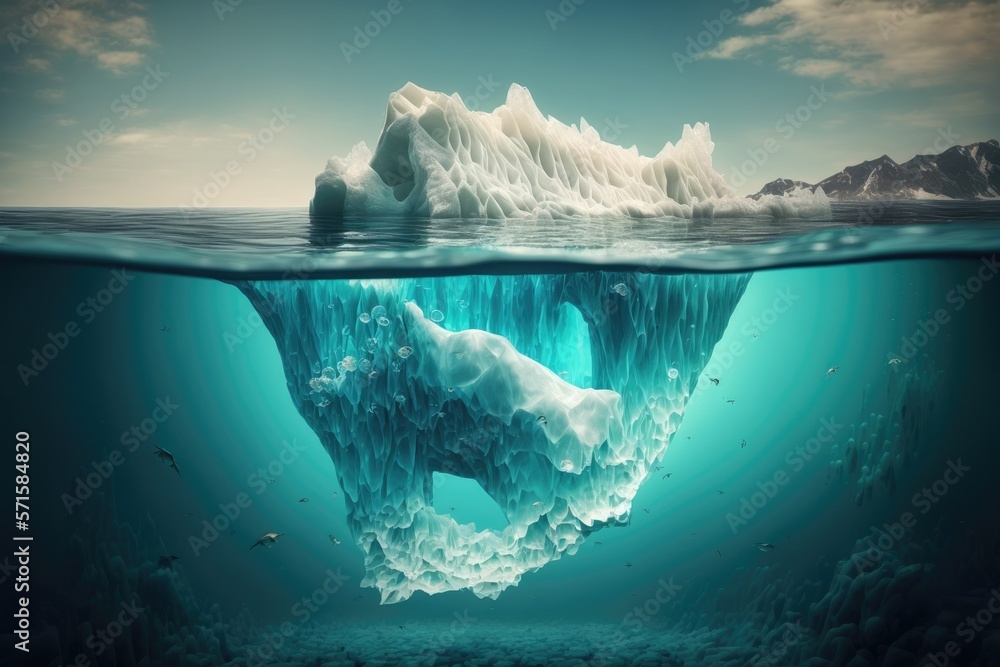 Underwater, a gorgeous large white iceberg. Concept of melting glaciers ...