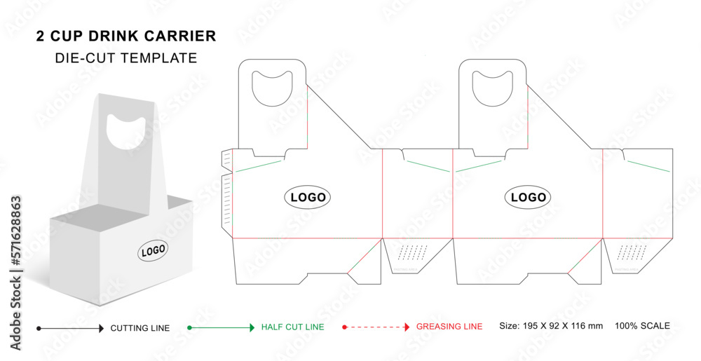 Vector de Stock Beverage cup holder die cut template with 3D blank ...