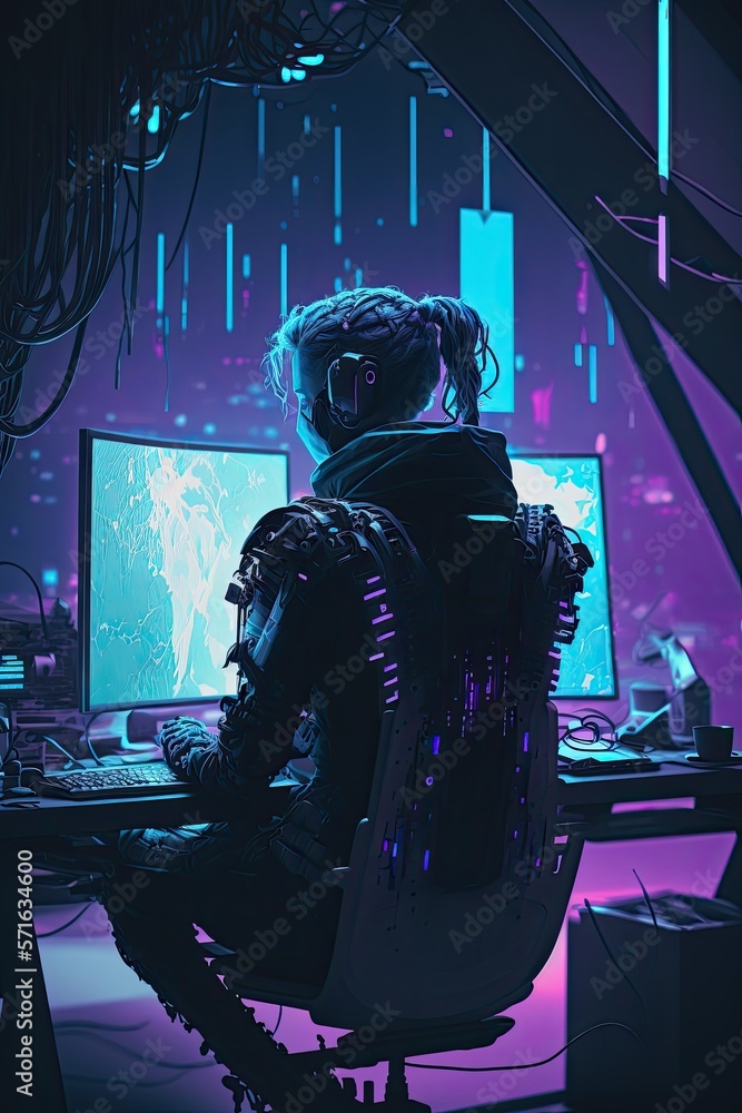 Stock-Illustration „Cyberpunk hacker sitting in room full of advanced ...
