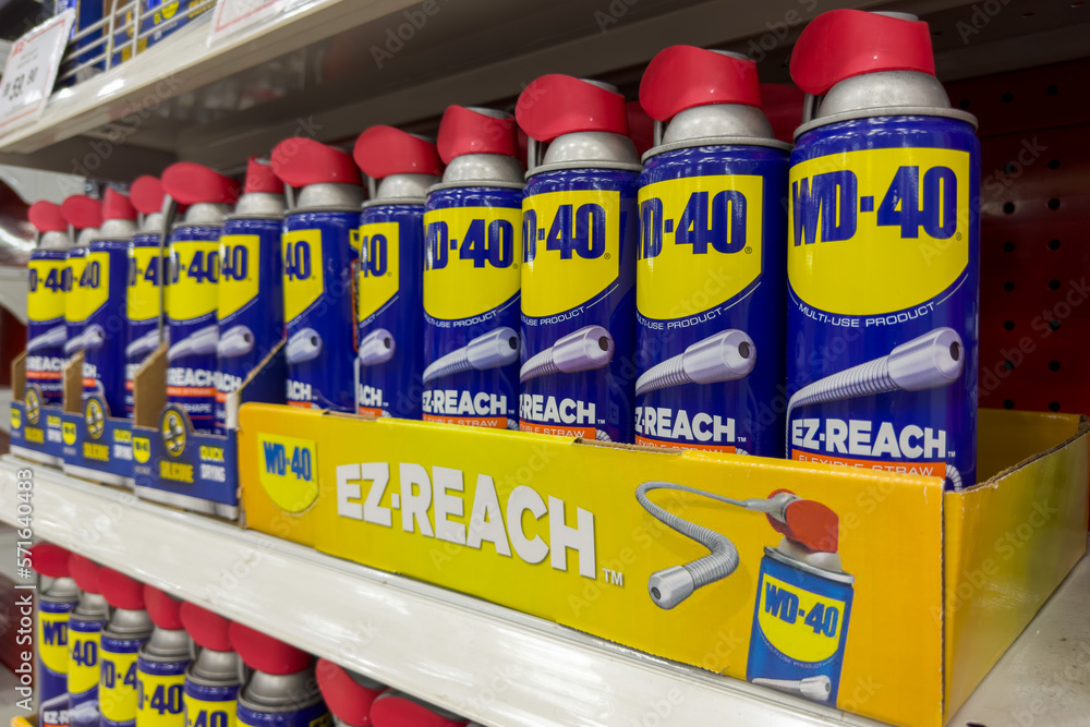PENANG, MALAYSIA - OCT 04, 2022: WD 40 EZ-Reach multipurpose lubricant ...