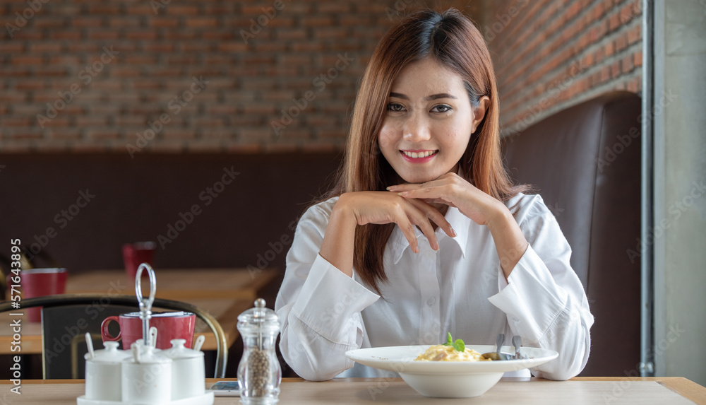 Banner of Woman in white clothes holding and smell white dish plate ...