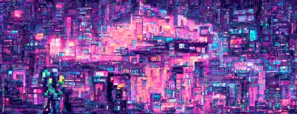 Ilustración de Stock Pixel Cyberpunk neon city night. Futuristic city ...