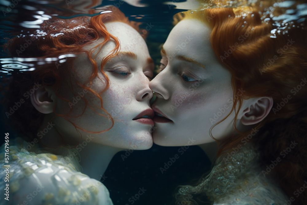 Gorgeous redhead woman and woman hugging and kissing alluringly, frisky, flirtatious in the pool ...