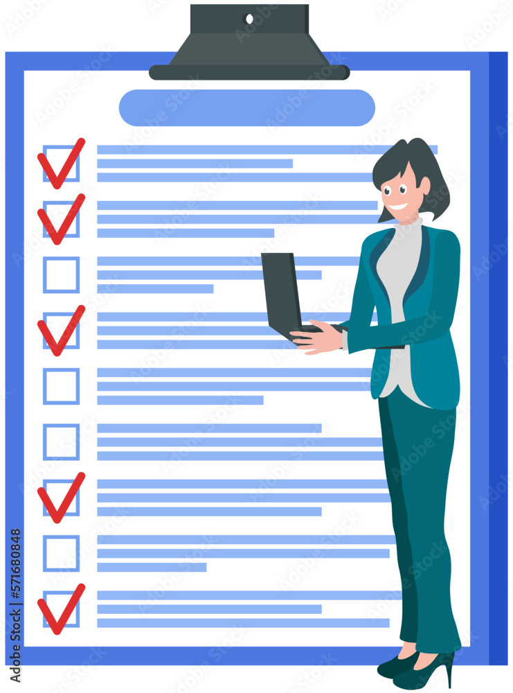 Survey, paper checklist, paperwork, woman stands with laptop at ...