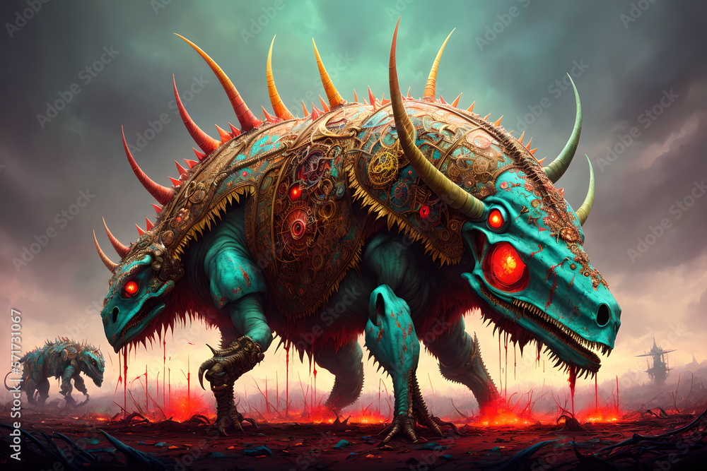 Hellish monster with fangs and horns, rotted flesh, empty eye sockets ...