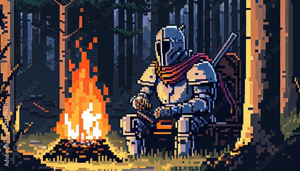 Pixel Art Knight Sitting Down by A Fire in the woods/forest, Concept ...