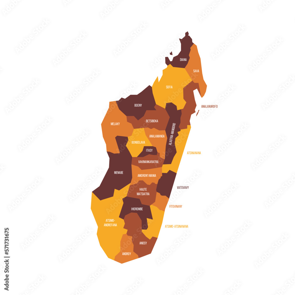 Madagascar political map of administrative divisions - regions. Flat ...