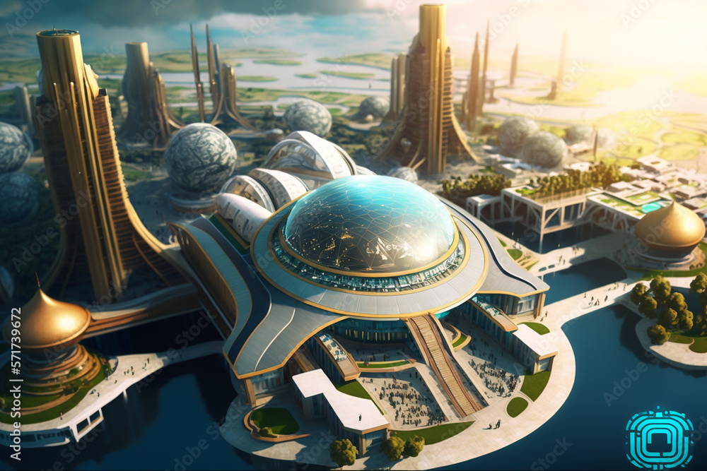 3d high-tech concept of a big city in the metaverse, virtual space ...