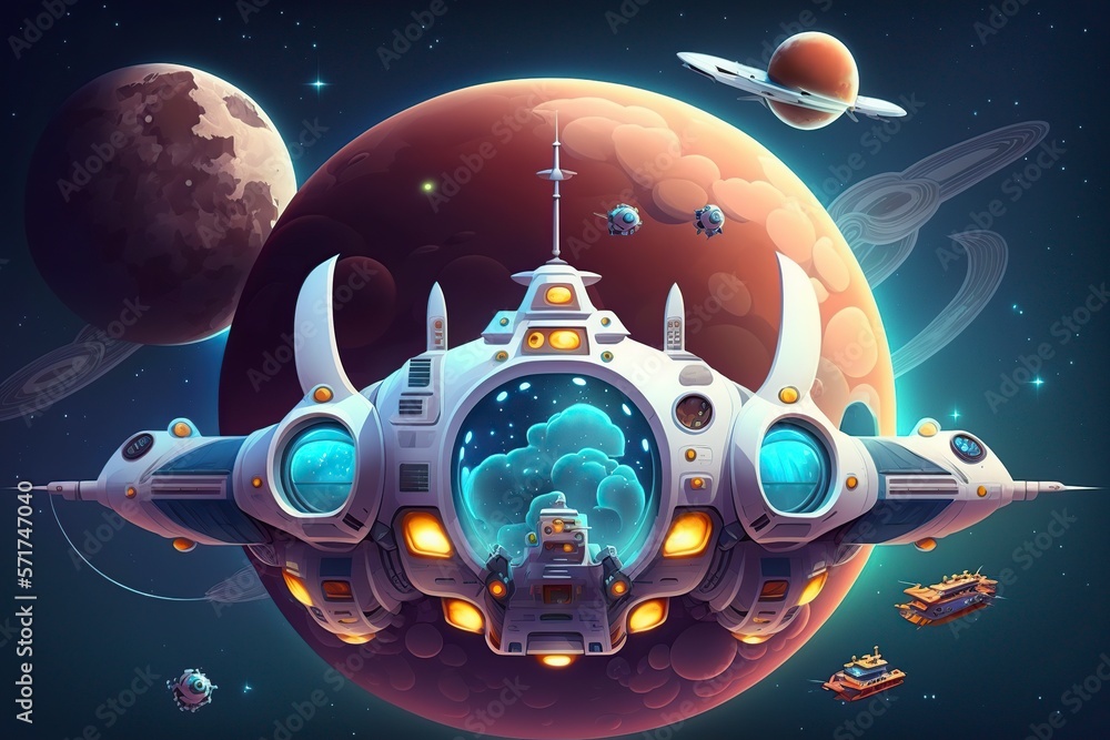 cartoon illustration, spaceship in outer space with planets in the ...