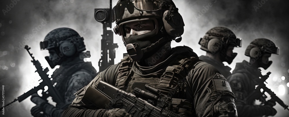 A group of soldiers on a background of smoke. The concept of military ...