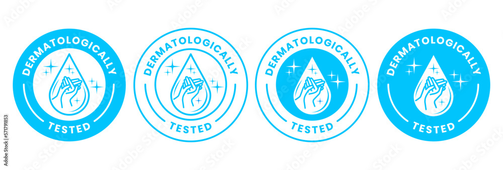 Set dermatologically tested vector label with water drop, leaf and hand ...