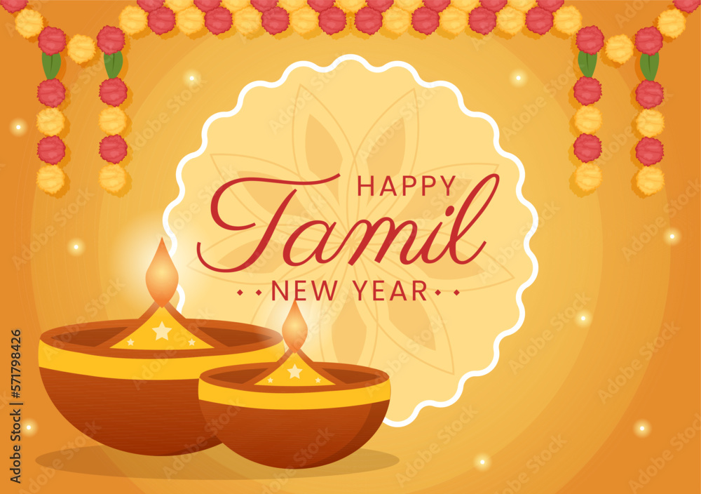 Happy Tamil New Year Illustration with Vishu Flowers, Pots and Indian ...