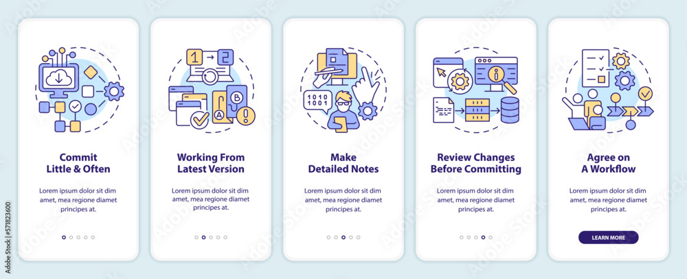 Source Code Management Best Practices Onboarding Mobile App Screen Walkthrough 5 Steps Editable