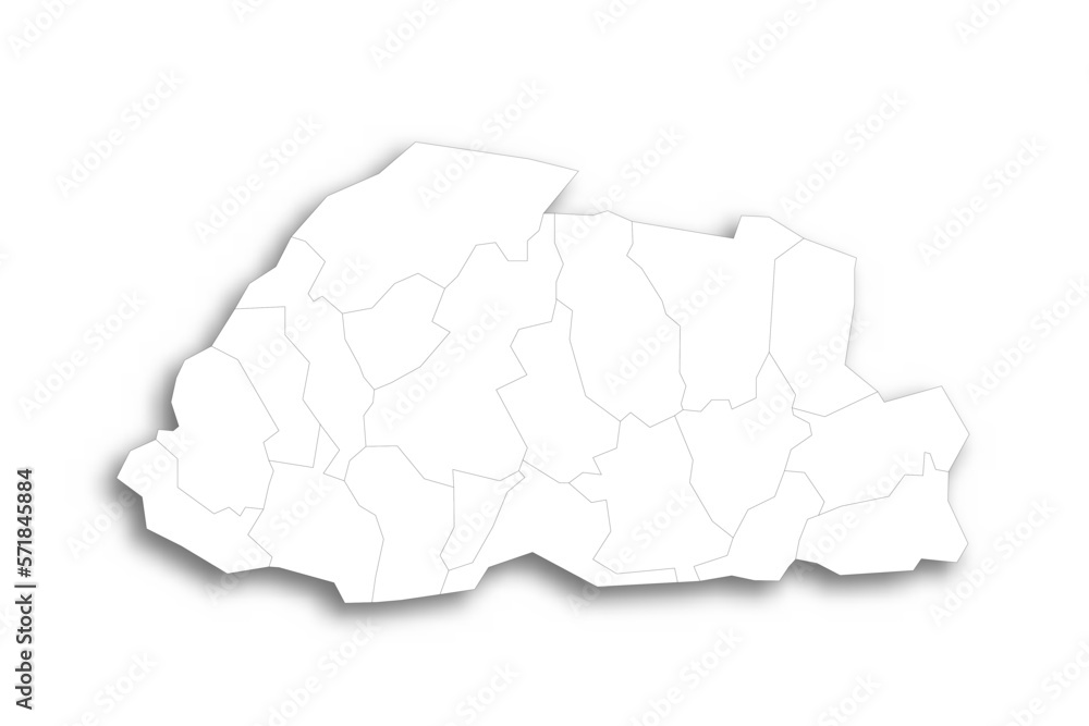 Bhutan political map of administrative divisions - districts. Flat white blank map with thin ...