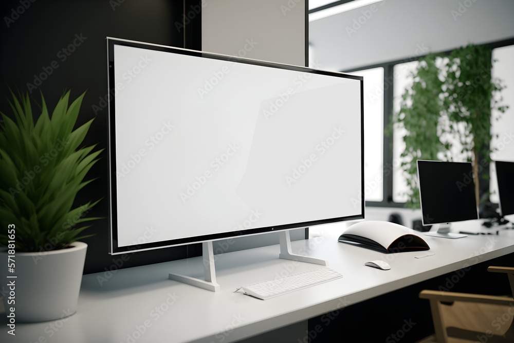 Blank white wide LED screen mockup in office environment, empty space ...