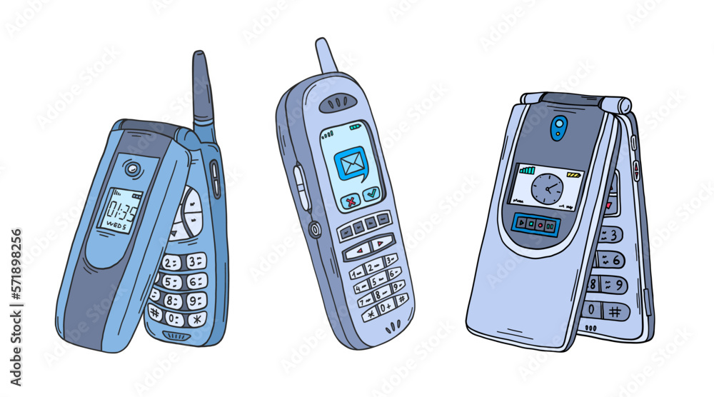 Mobile phone doodle. 2000s cellphones set. Y2k trendy illustration ...