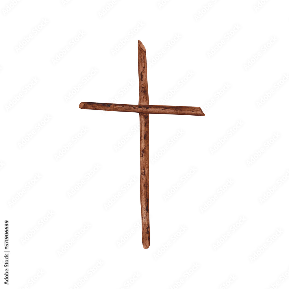 Religious cross isolated on a transparent background. Watercolor wooden ...