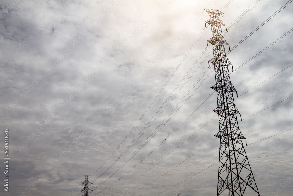Silhouette image. Substation, powerhouse. High-voltage line. Poles ...