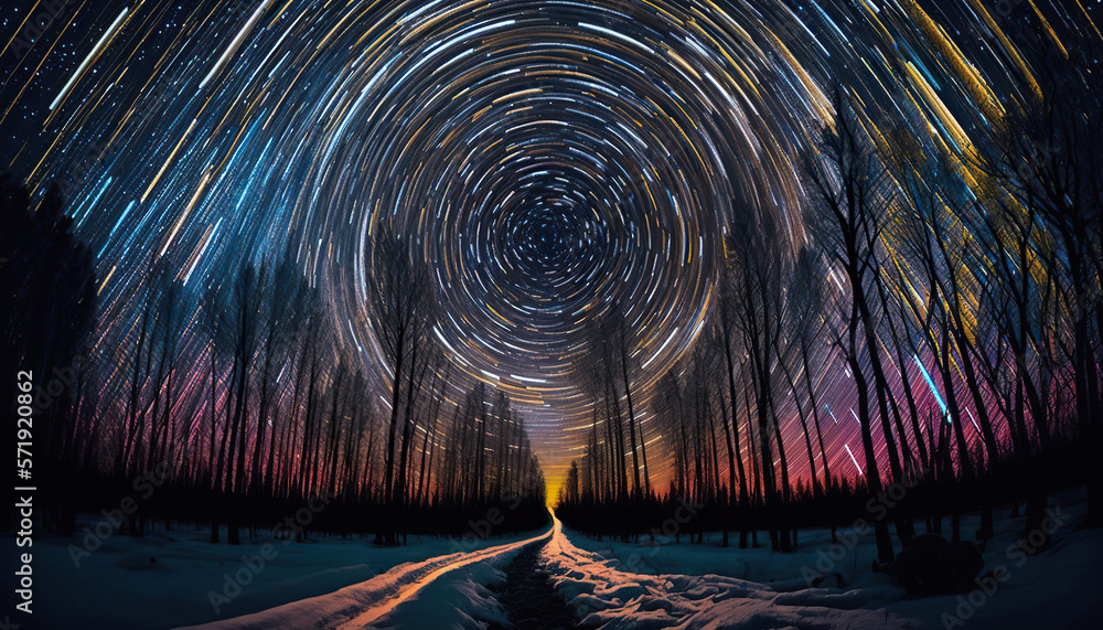 Stunning star trails motion time-lapse night sky with forest silhouette ...