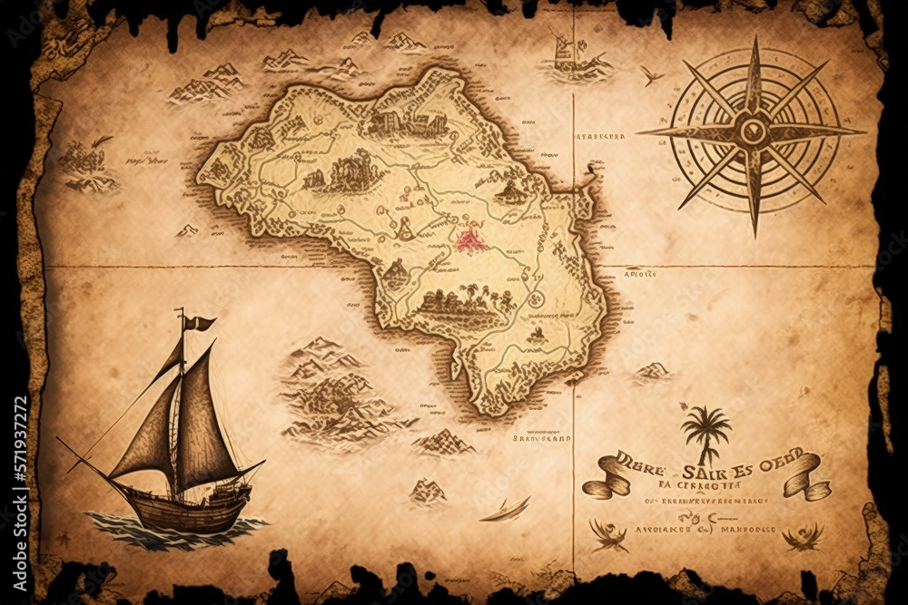 Pirate treasure map with ship and sea. Generative AI Stock Illustration | Adobe Stock