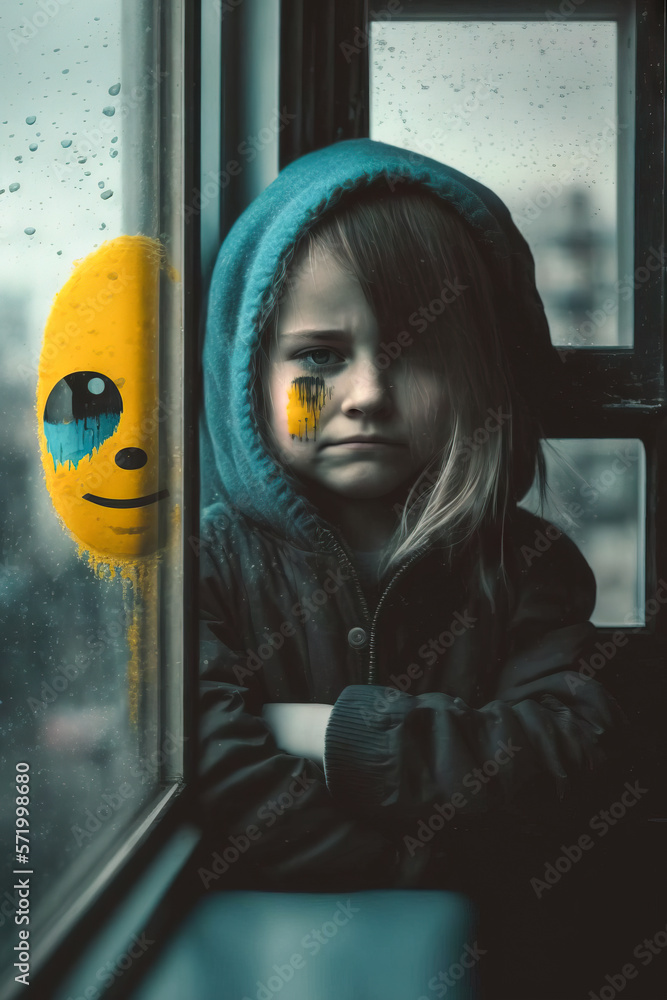 Sad depressed young girl child sitting next to the window in the rain ...