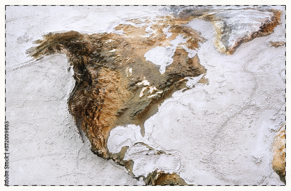 3D World map of the North America. Exaggerated topographic relief ...