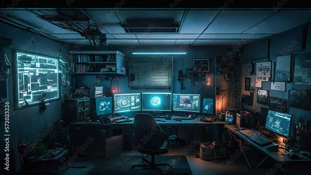 cyberpunk hackers basement control room setup with many computers and blue screens Stock ...