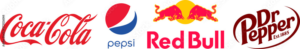 Coca Cola carbonated soft drink logo set. Pepsi, Dr Pepper, Red Bull energy drinks icons on ...