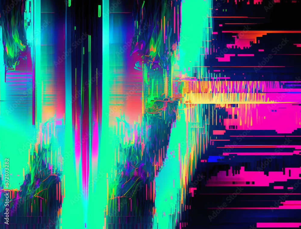 Digital glitch art image is an explosion of vibrant neon colors and distorted shapes, evoking a ...