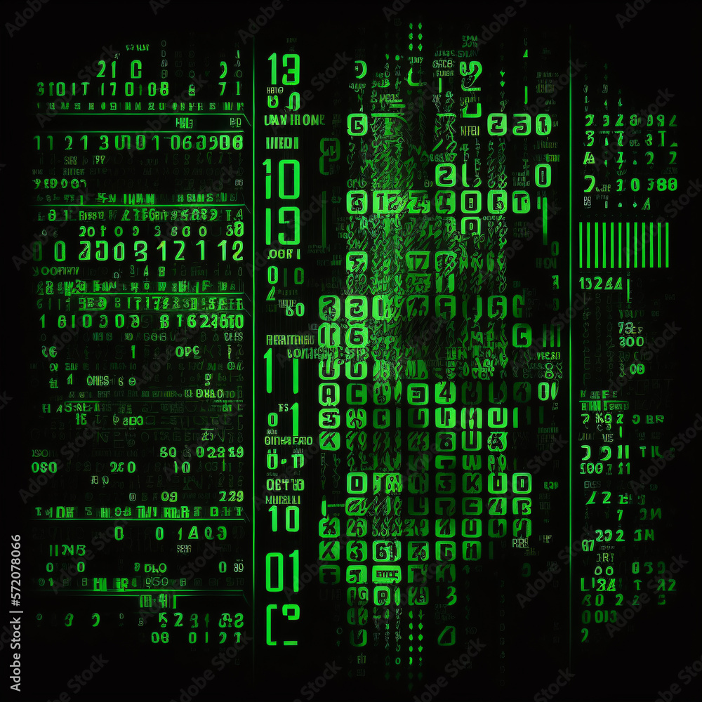 A black and green matrix code background with rows and columns of ...