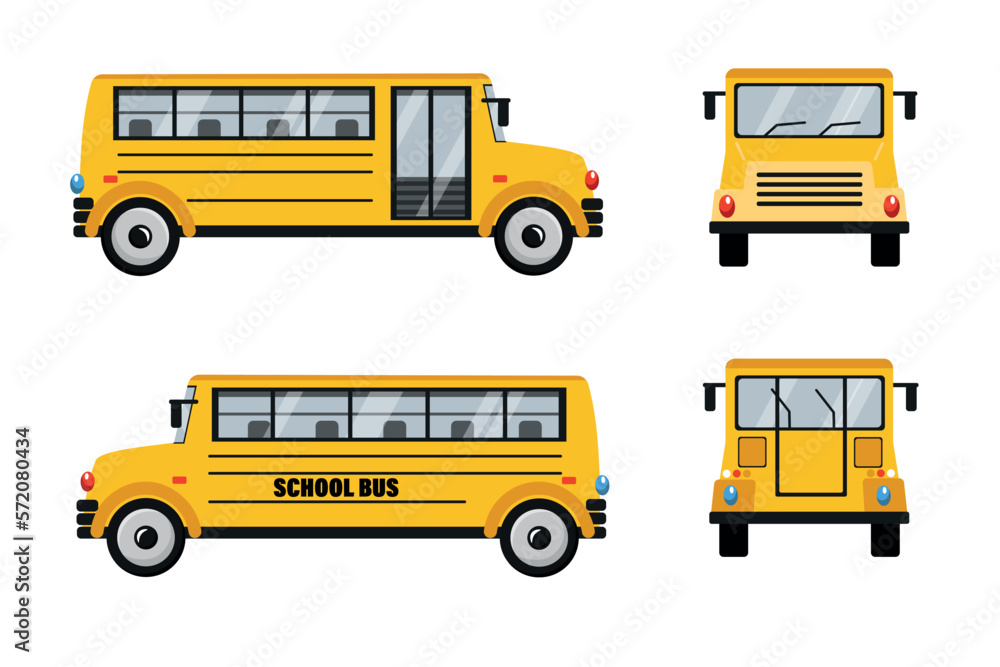 Set of yellow school buses in cartoon style. Vector illustration of ...