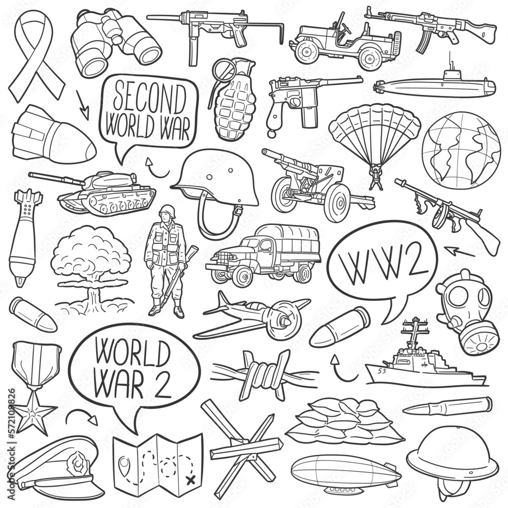 Stockvector Second World War Doodle Icons. Hand Made Line Art. WW2 ...