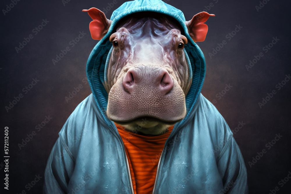 Portrait of hippopotamus wearing street hiphop fashion. Animal wears ...