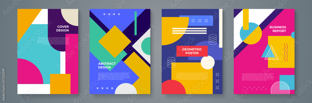 Colorful neo geometric poster. Grid with color geometrical shapes ...