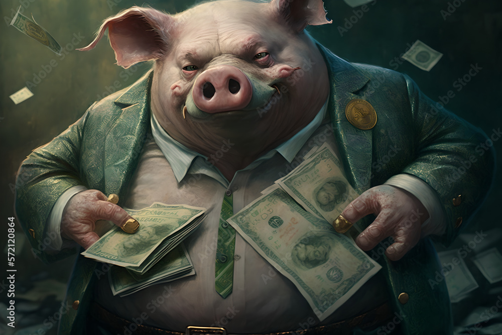 Illustration Stock Filthy rich pig is fat and cashed up, lots of money in his pockets, greedy ...