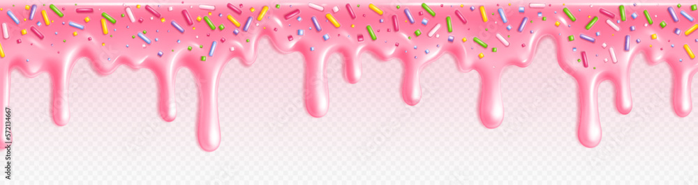 Pink donut icing glaze. Realistic isolated candy melt drip border in ...