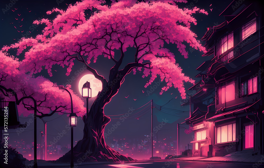 Fantasy Japanese night view city cityscape, neon pink light ...