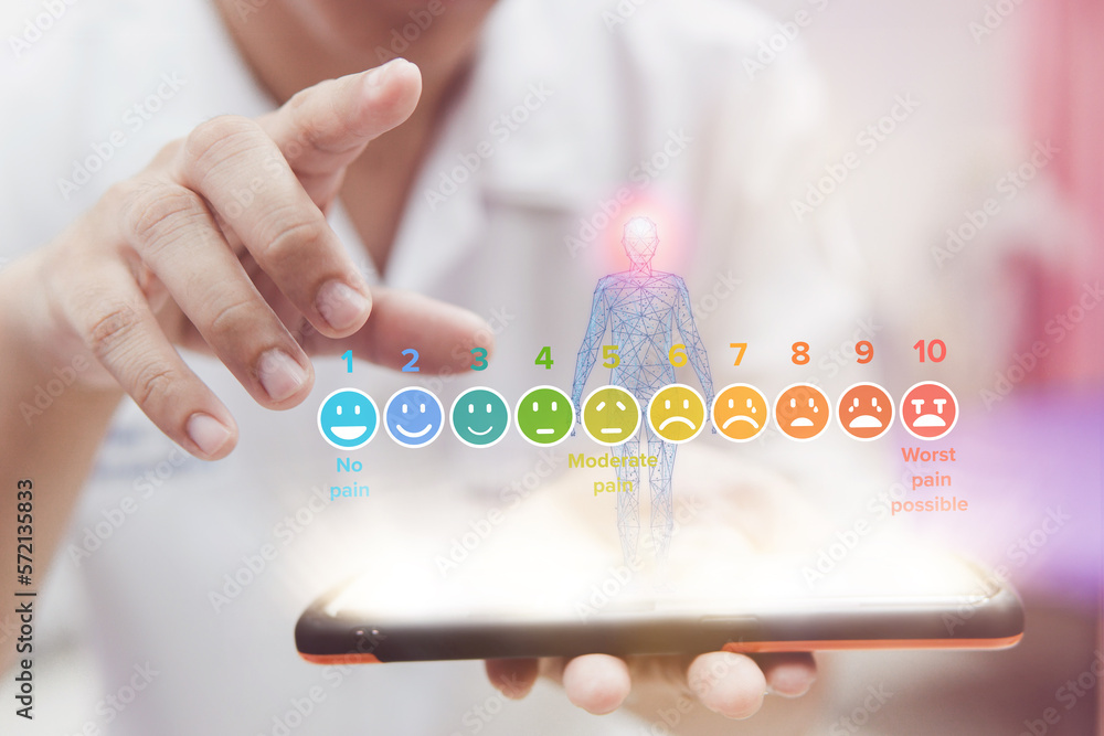 Doctor touching of head pain measurement scale colorful icon virtual ...