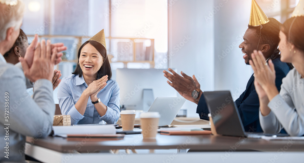 Office party, applause and new year with a business team in the ...
