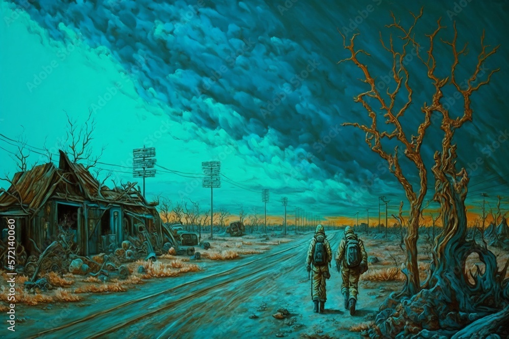 Impressionist Style Illustration of Survivors of a Toxic Apocalypse in ...