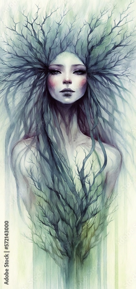 Peaceful Tree Goddess Entangled in Branches, Watercolor Style Digital ...