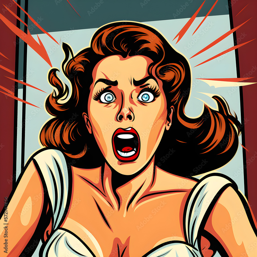 Shocked, scared pretty woman, comics style, comic-book, created with Generative AI Technology ...