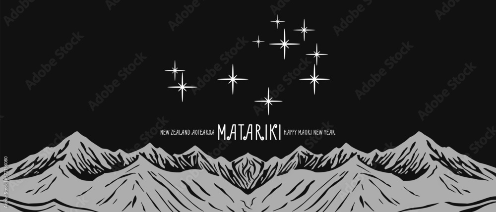 Vector black and white banner. New Zealand New Year of the Maori people ...